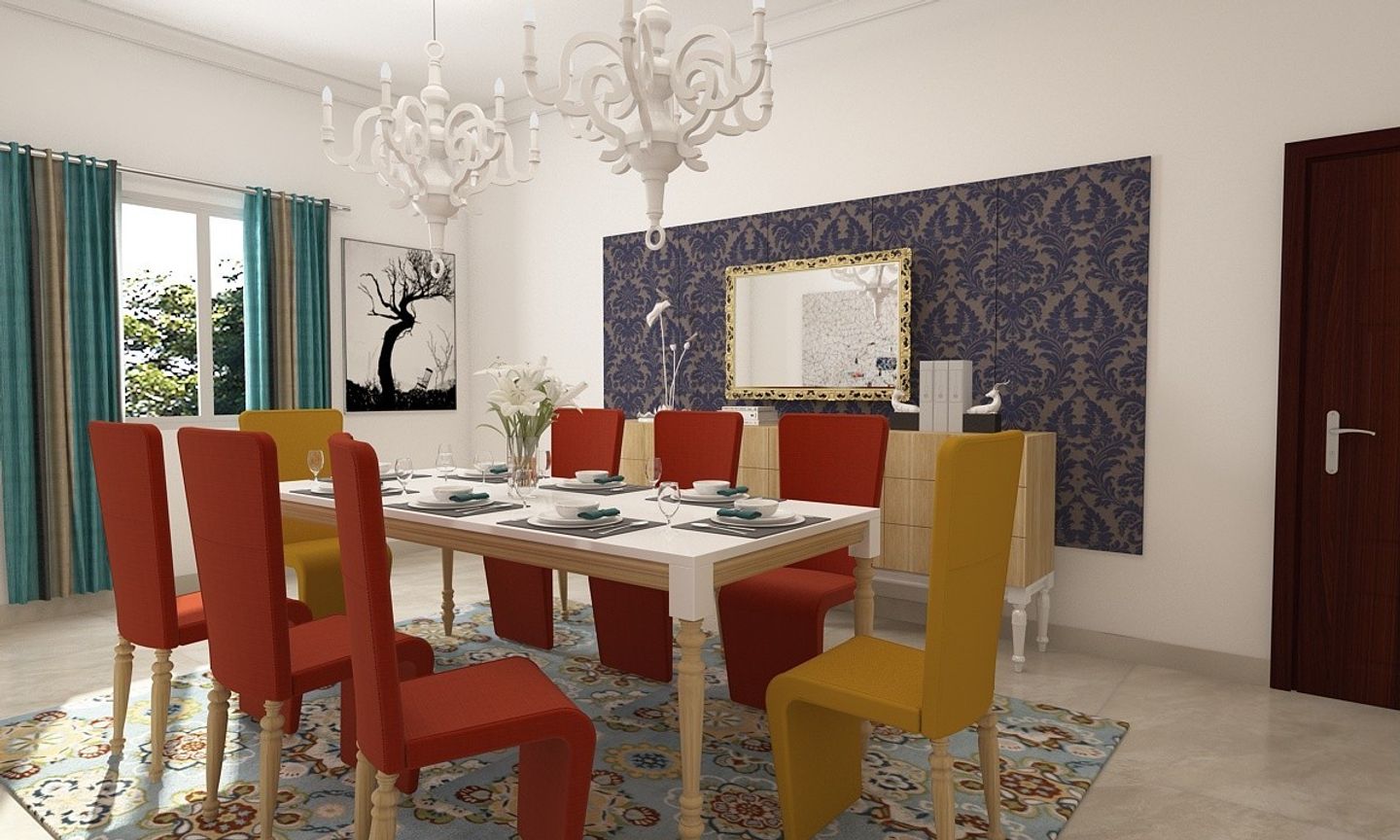 Crimson And Yellow Modern 8-Seater Dining Room Design | Livspace