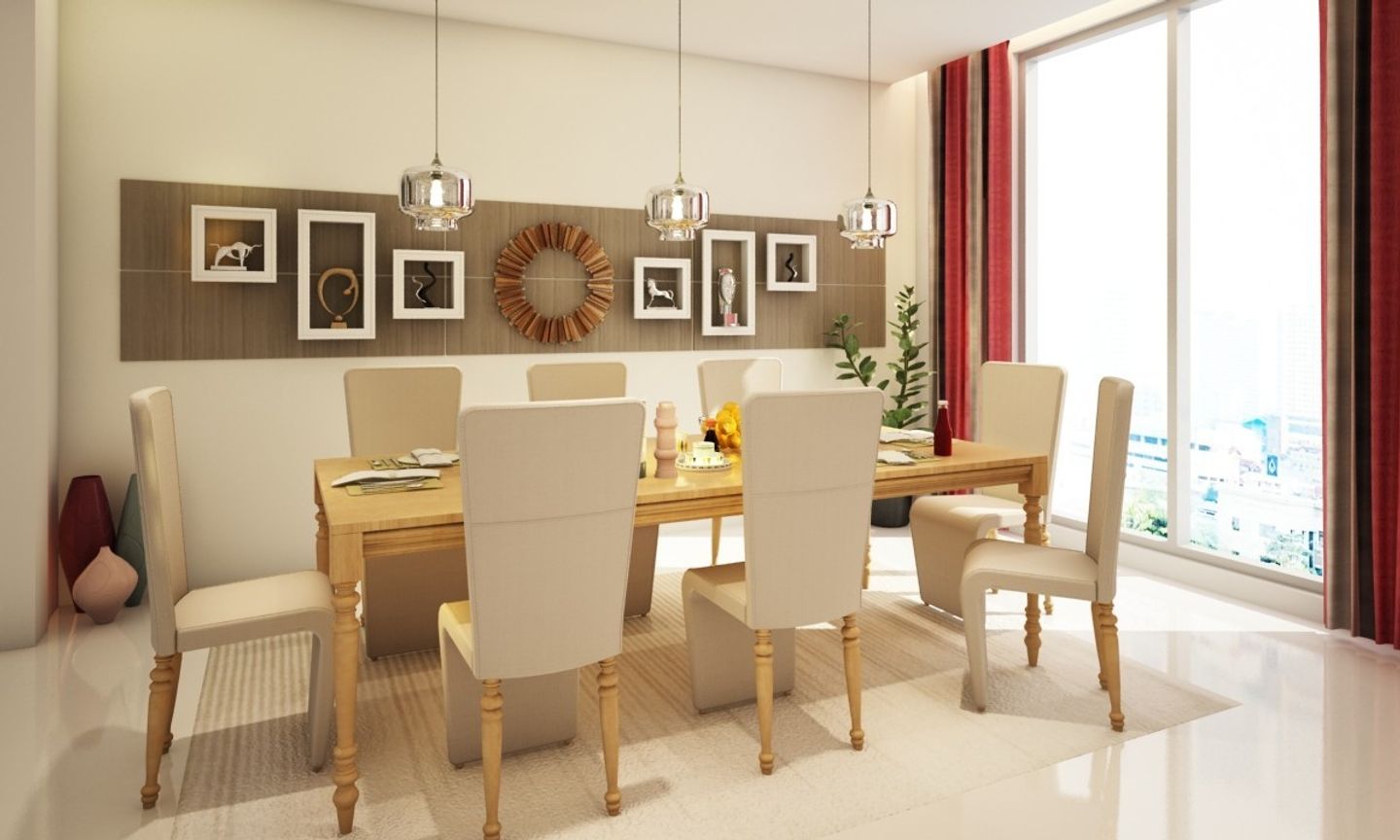 Classic 8-Seater Beige And White Dining Room Design In Wood | Livspace