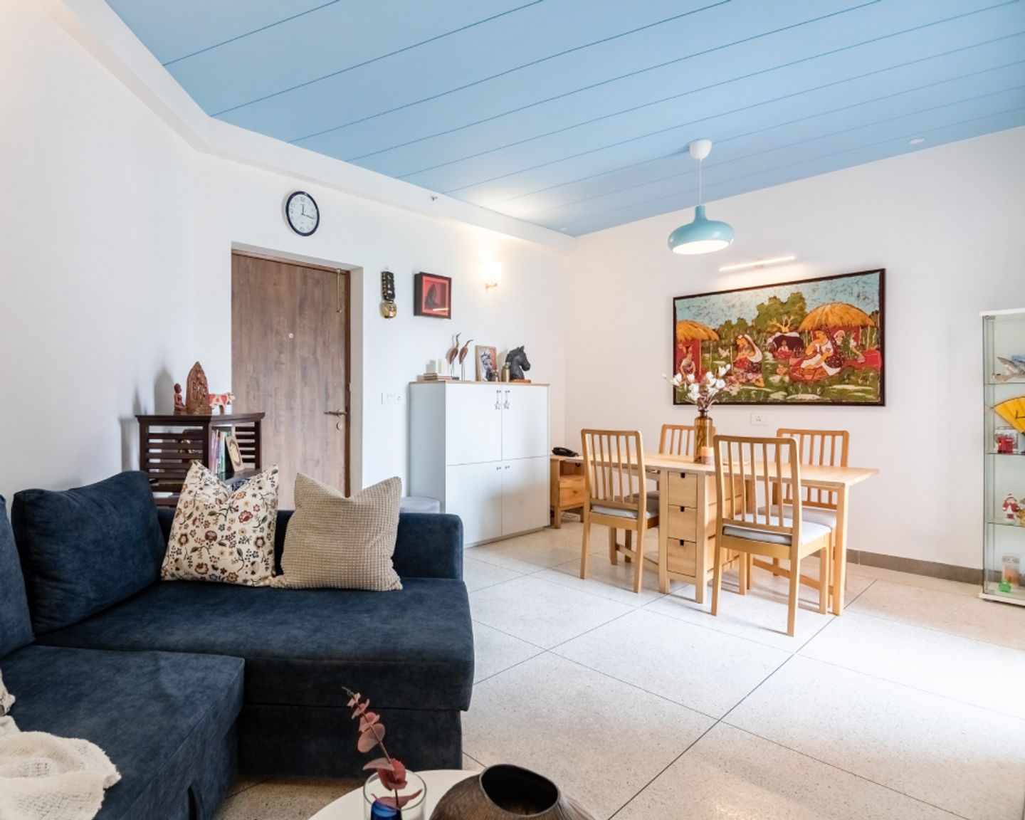 Blue-Toned False Ceiling With Pendant Lightings | Livspace