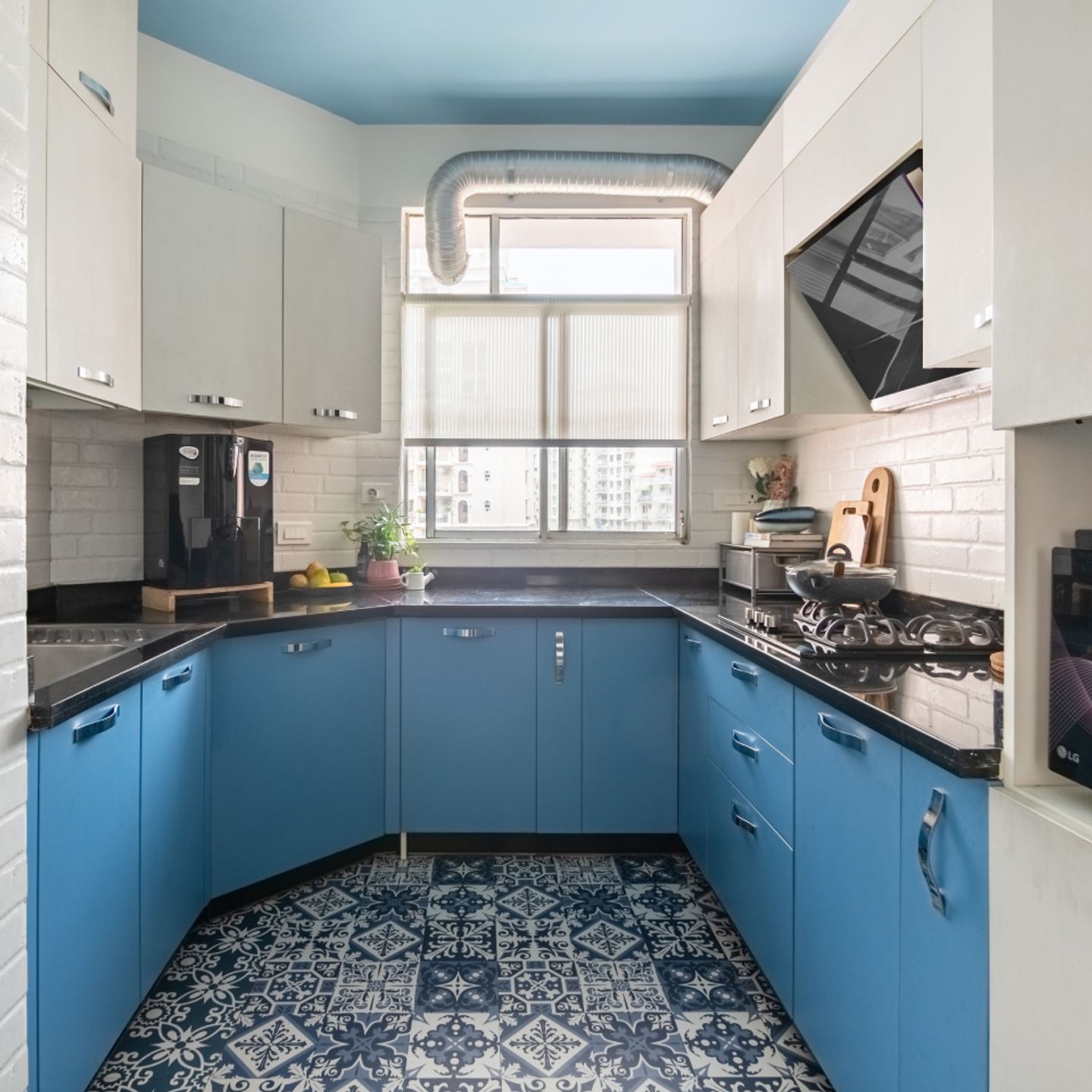 Blue False Ceiling With Ceiling Lights | Livspace