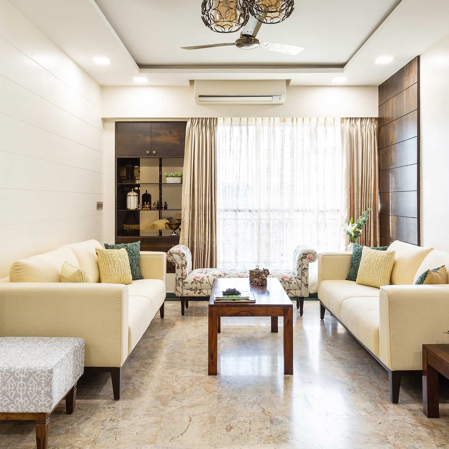 Elegant Neutral-Toned Living Room Tile Design | Livspace