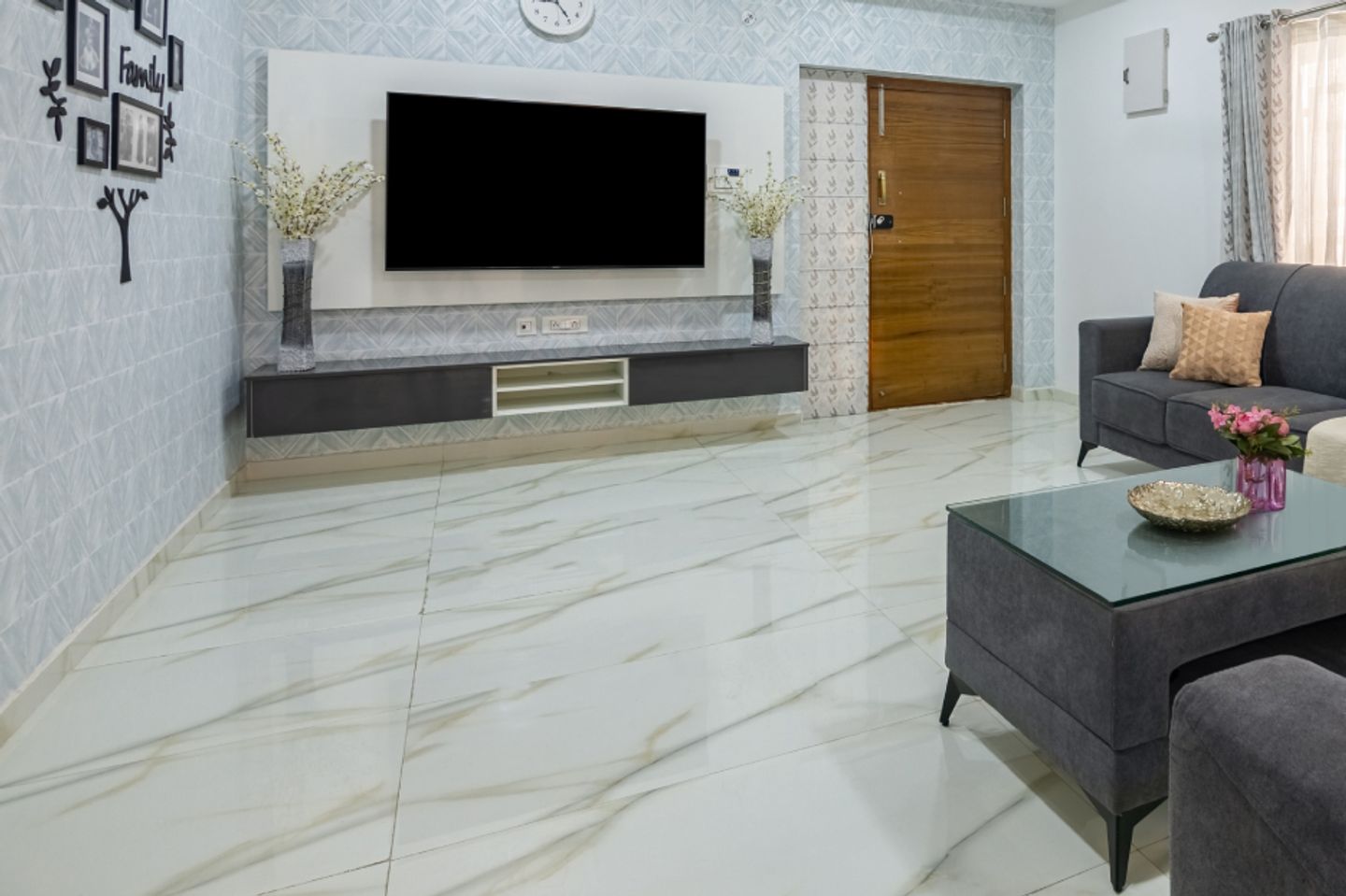 White Marble Living Room Tile Design Livspace