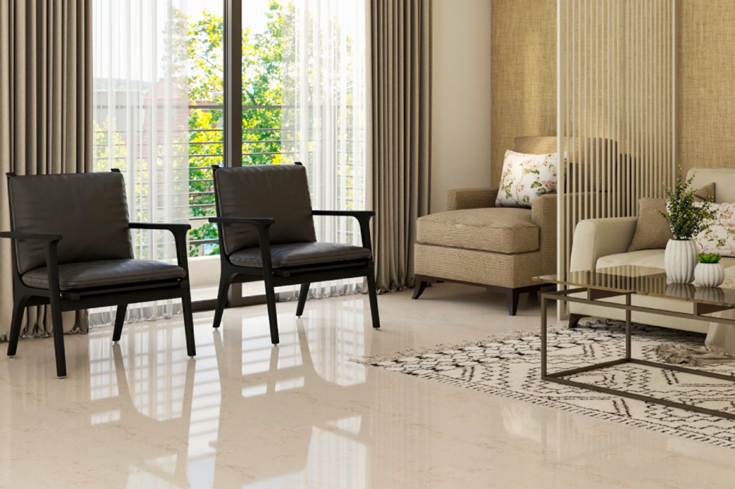 Glossy Beige Living Room Tile Design | Livspace