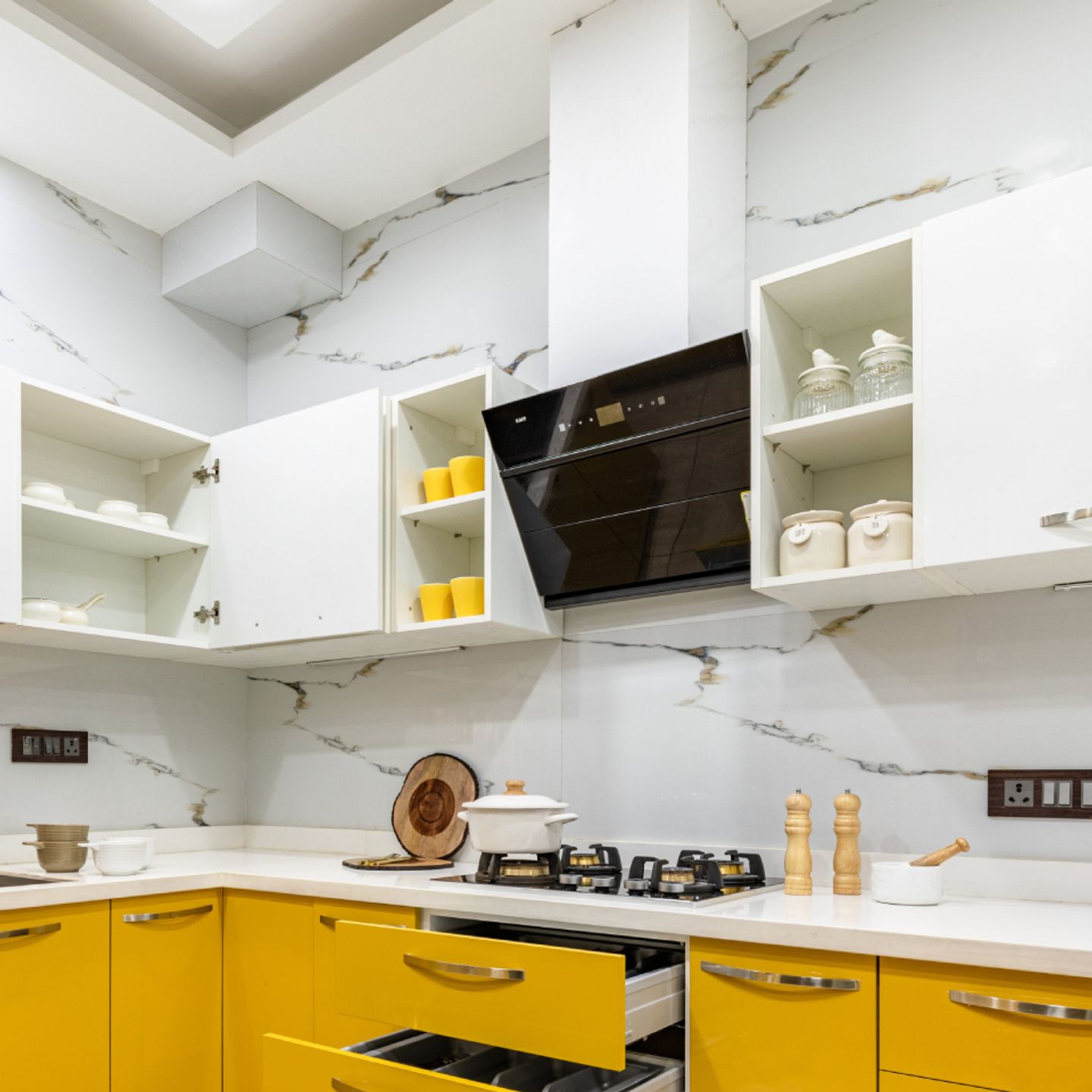 White Vitrified Tiles Design With Grey And Golden Grains | Livspace
