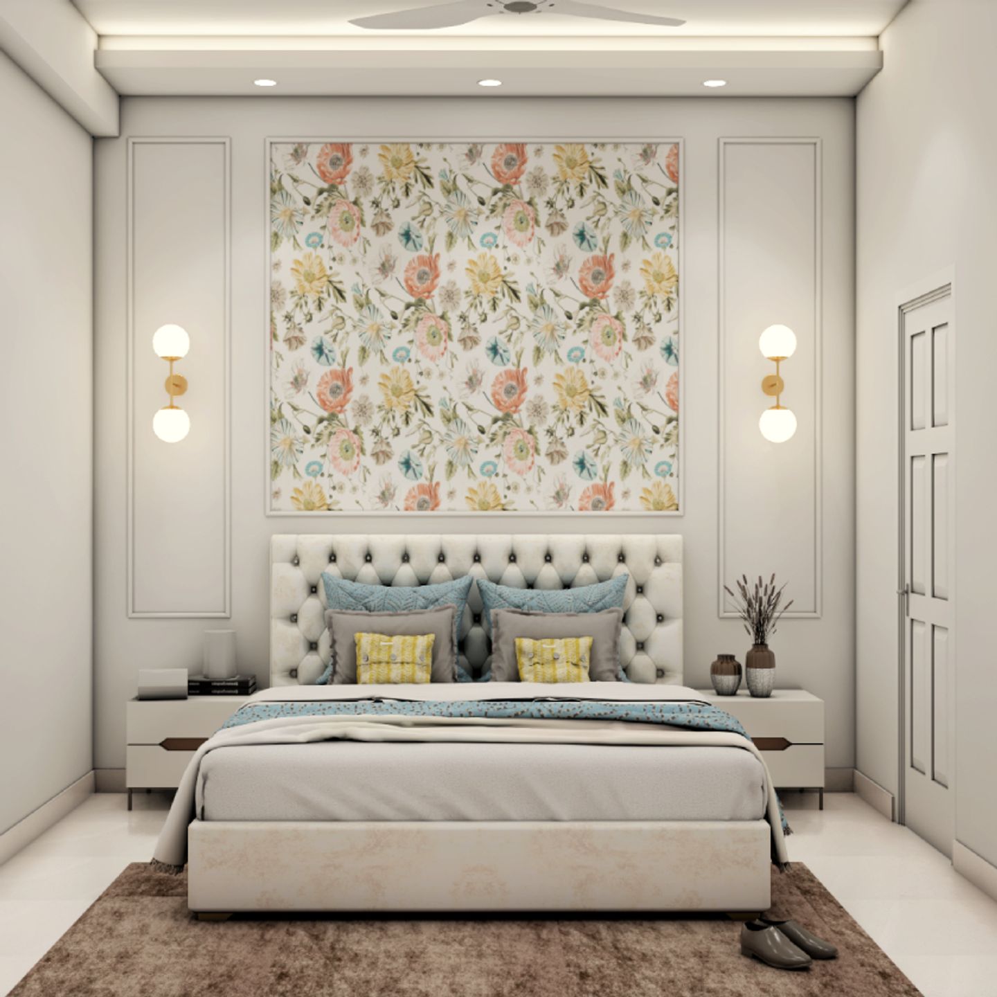 Ivory White Bedroom Wall Paint With Wall Trims | Livspace