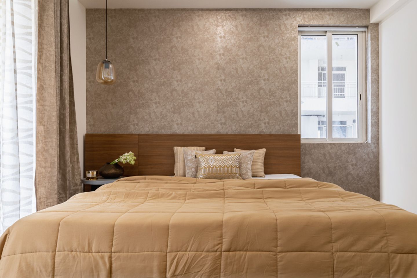 Beige Textured Bedroom Wall Paint Design | Livspace