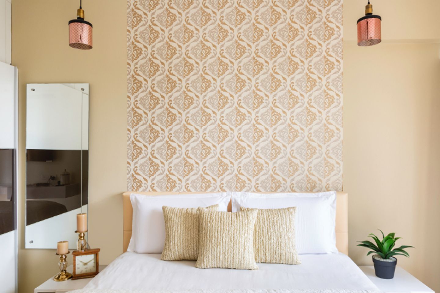 Beige Patterned Bedroom Wallpaper | Livspace