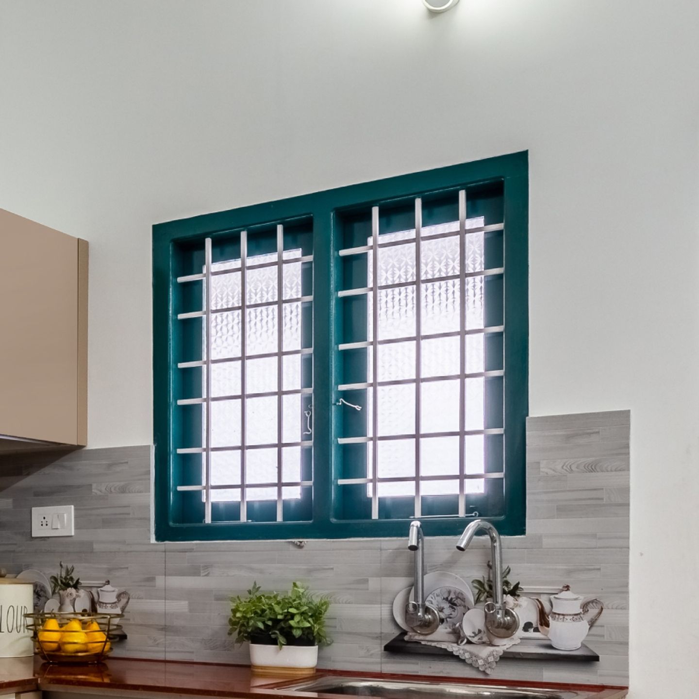 Green French Window Design With White Grills | Livspace