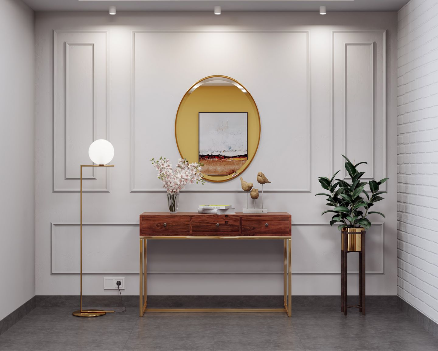 Classic Spacious Foyer Design Idea With Oval Mirror | Livspace