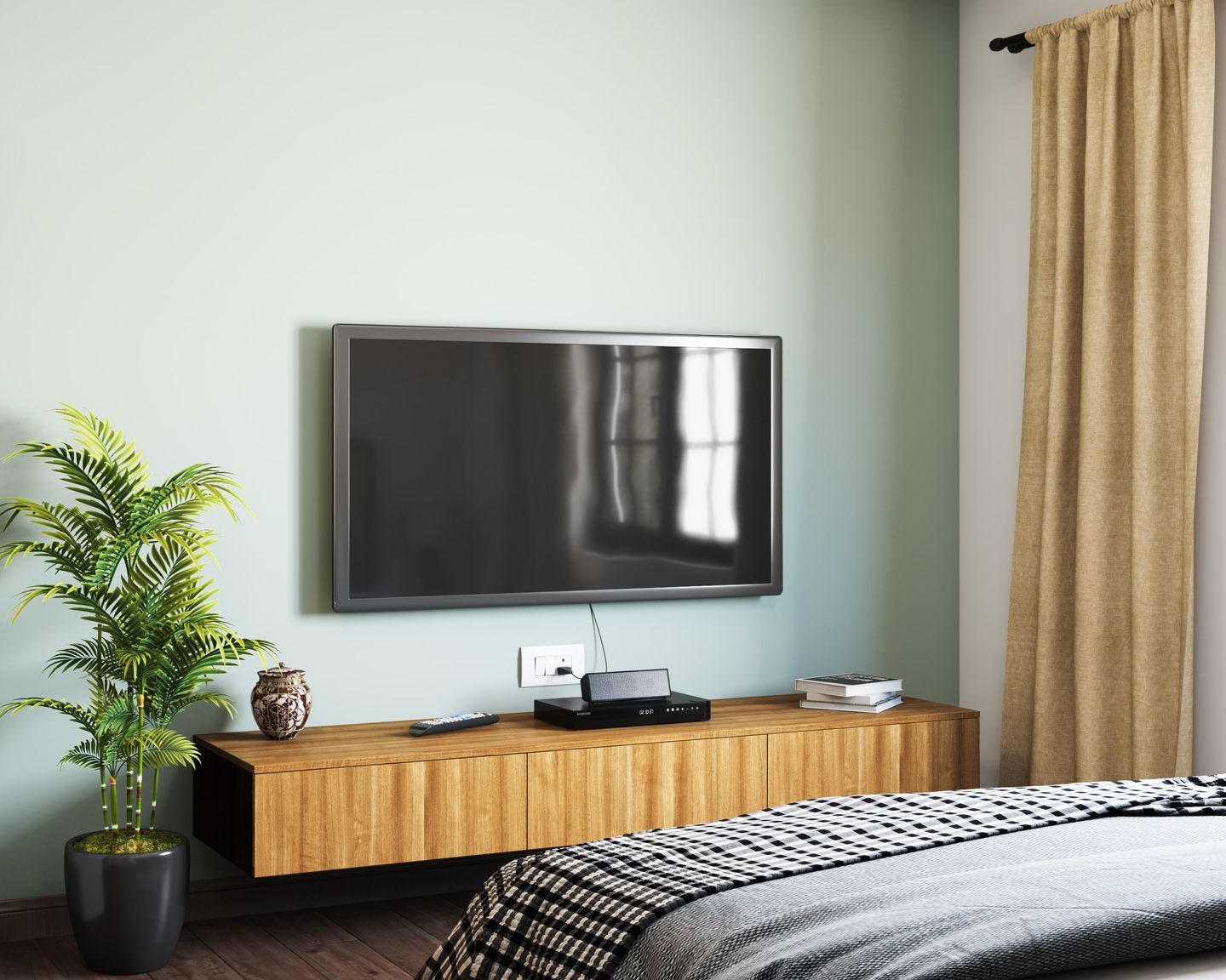 Modern Compact TV Unit With Console Table And Indoor Plants | Livspace