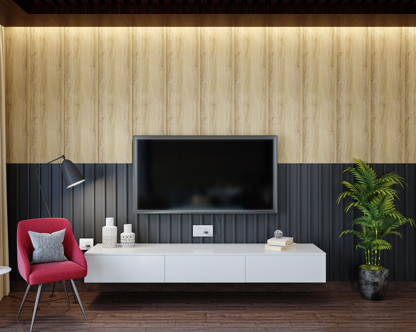 Wall-Mounted Modern Spacious TV Unit Design With Arm Chair | Livspace