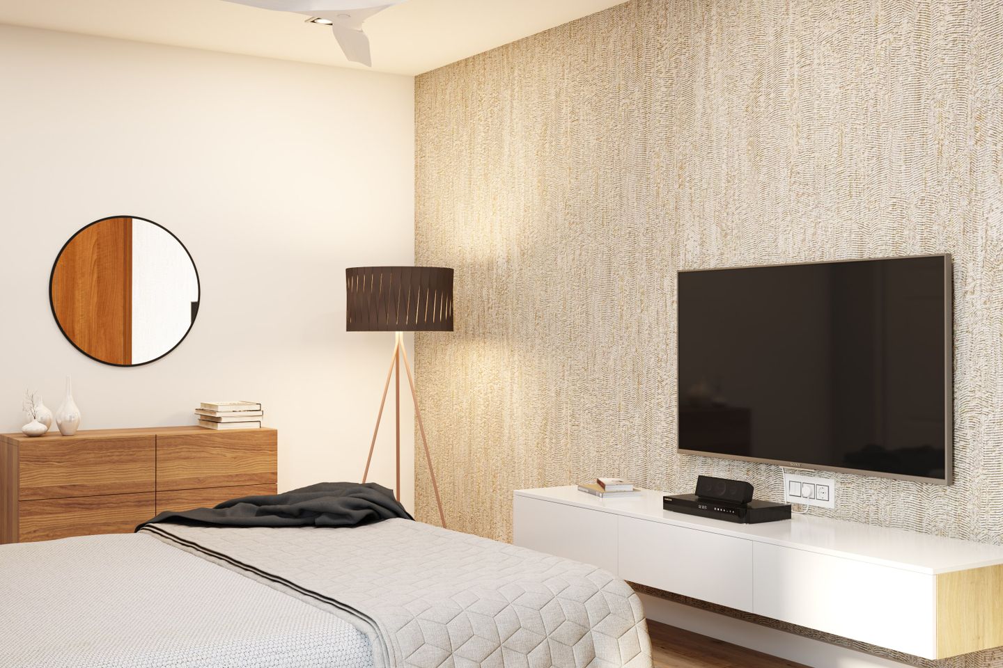 Compact TV Unit Design With Textured Wallpaper | Livspace