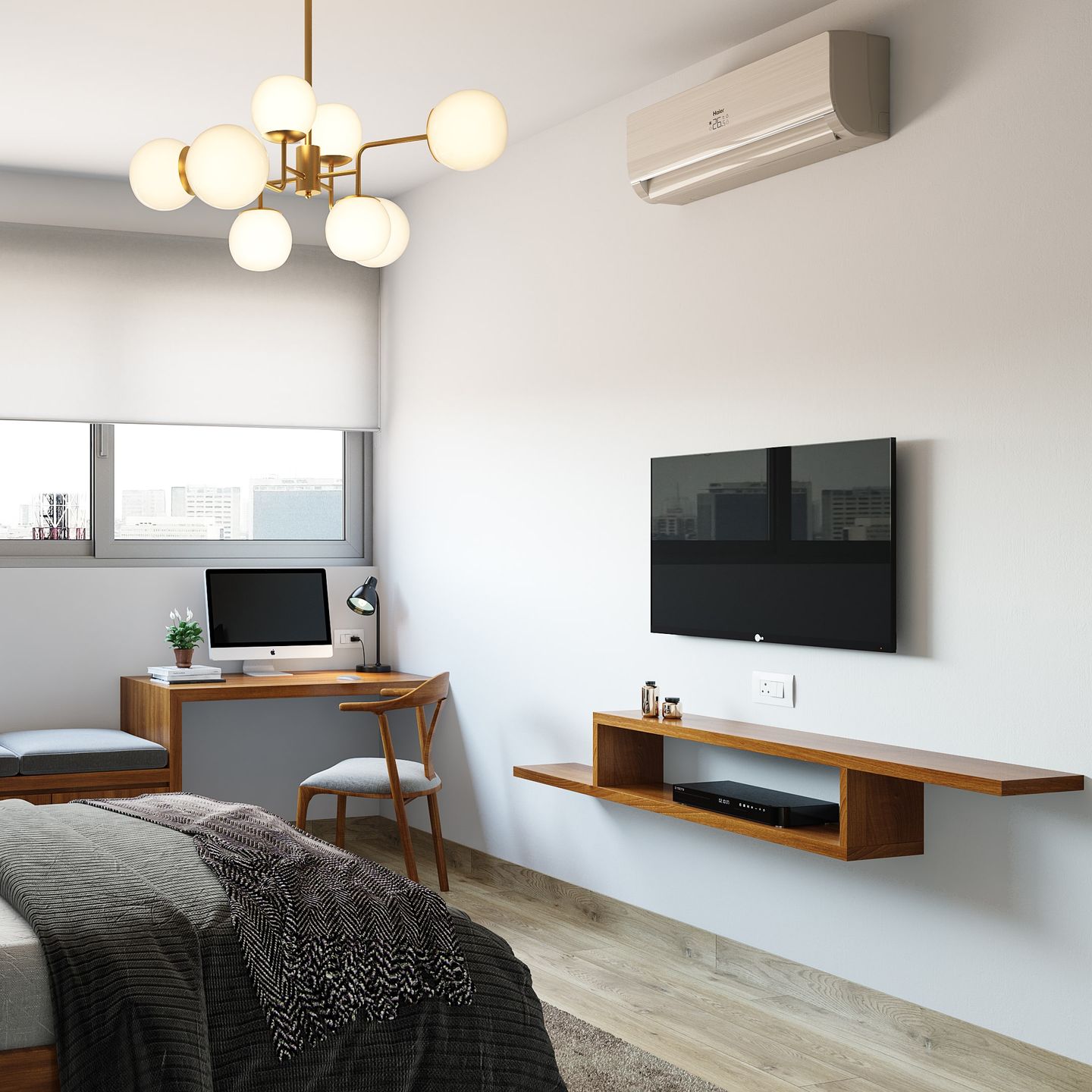 Compact TV Unit Design With Wooden Ledge | Livspace