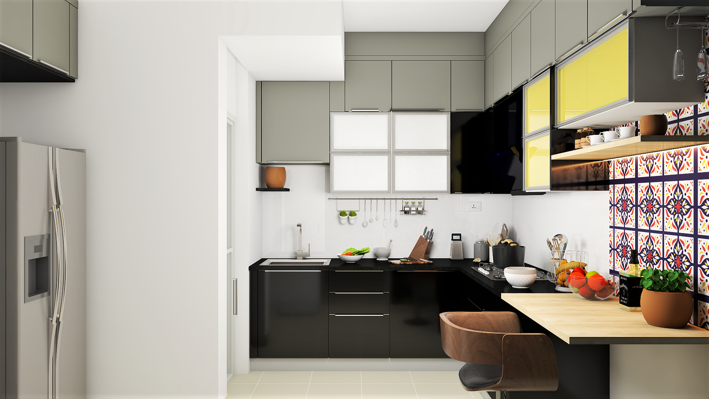 The black-coloured granite countertop embeds seamlessly with the black ...