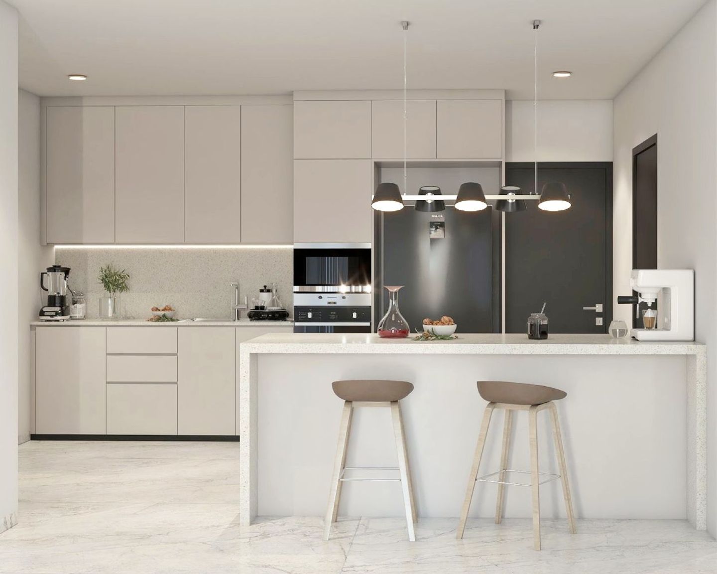 Spacious and Modern White Peninsula Kitchen Design With Base Unit and ...