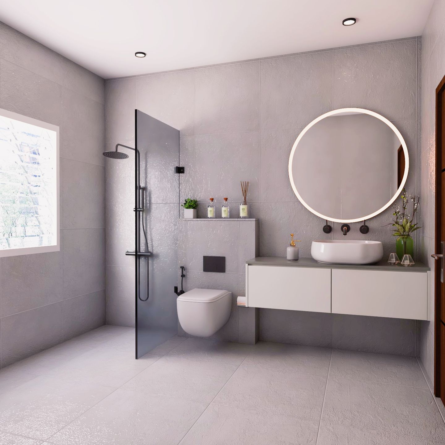 Grey Contemporary Bathroom Design With Round Mirror And Glass Partition | Livspace