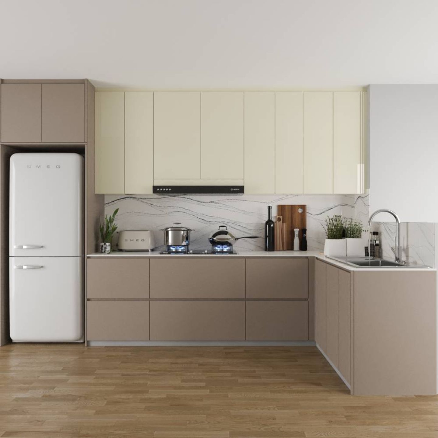 Beige And Cream L Shaped Modular Kitchen Design With Work Triangle | Livspace