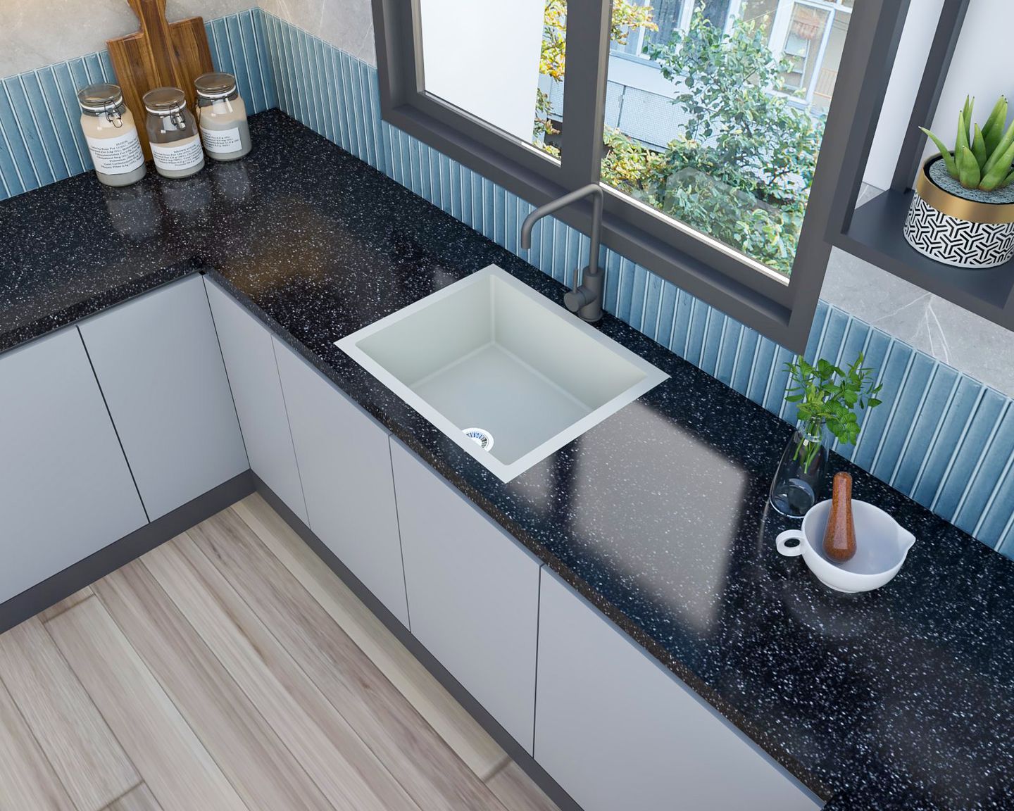 Top Mount White Qurtz Kitchen Sink Design With Black Countertop | Livspace