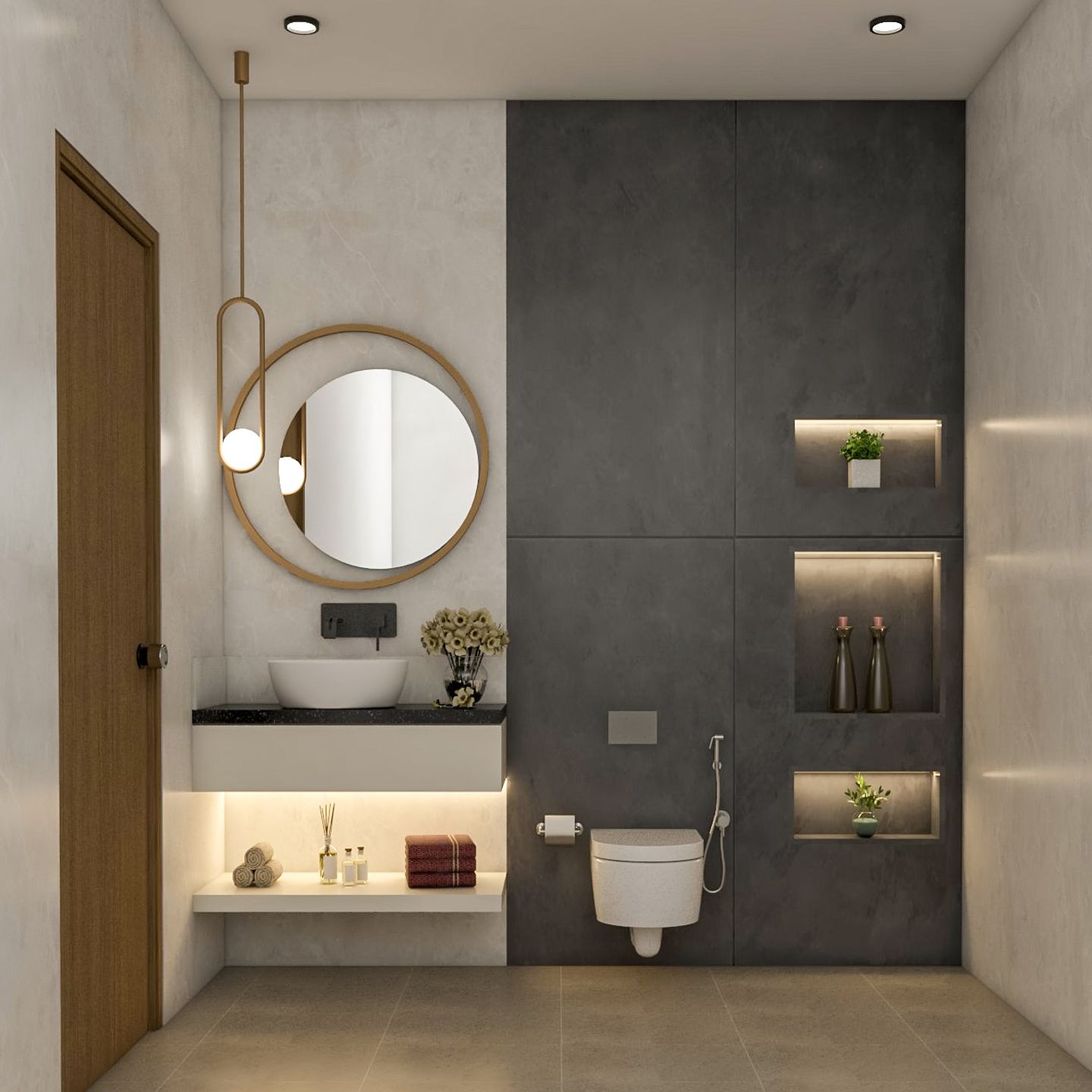 Grey And White Bathroom Design With Wall Niche And Niche Lighting ...
