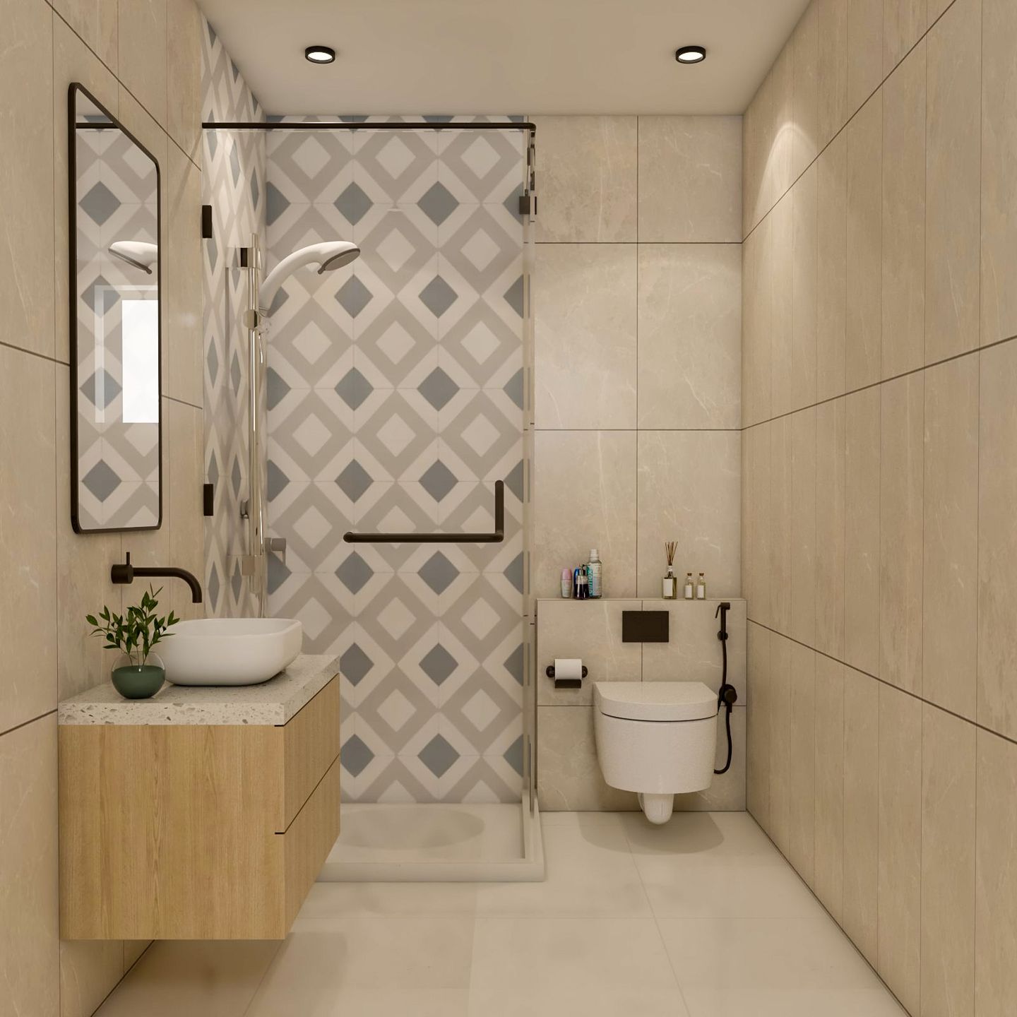 Ivory And Cream Contemporary Bathroom Design With Wooden Storage Unit | Livspace