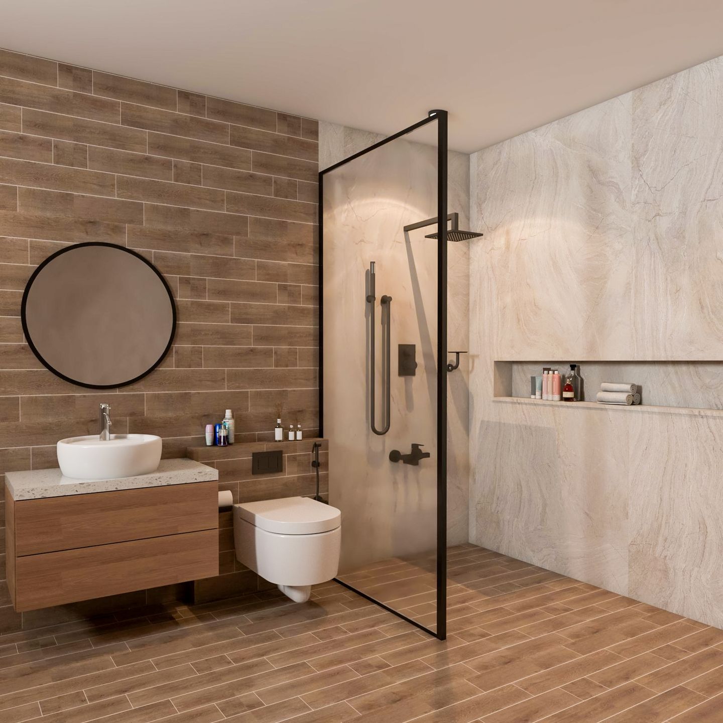 Brown And Beige Spacious Bathroom Design With Black Framed Glass Partition | Livspace
