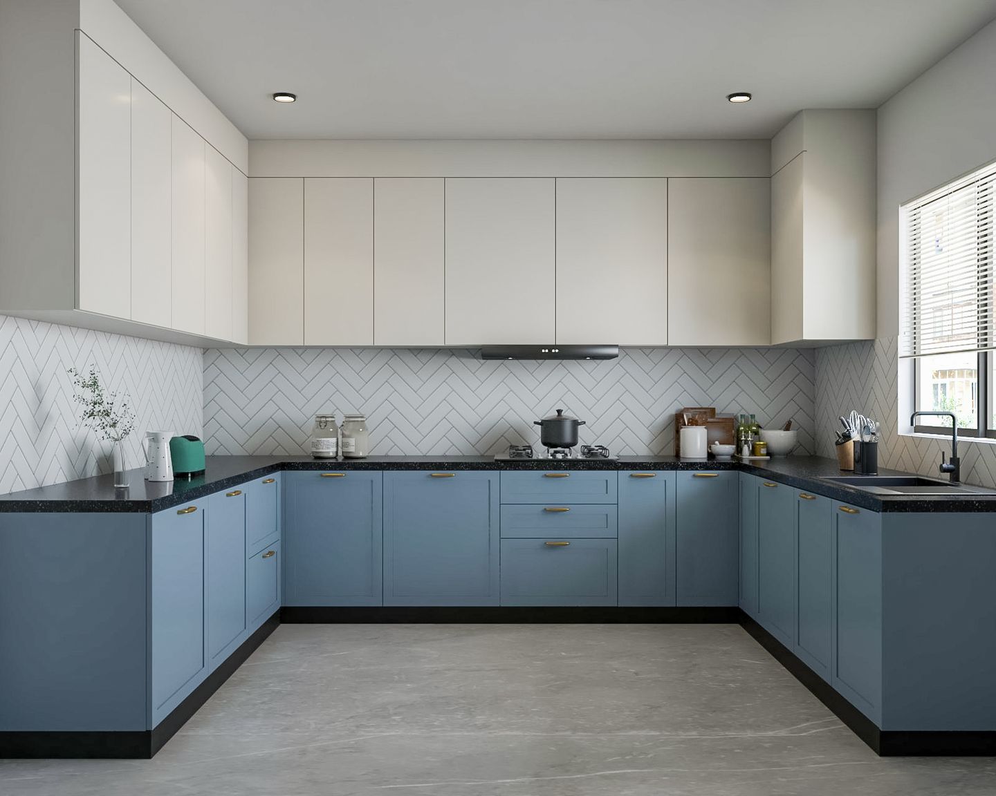 Spacious Family Friendly: Blue and White Modern U-Shaped Kitchen Design | Livspace