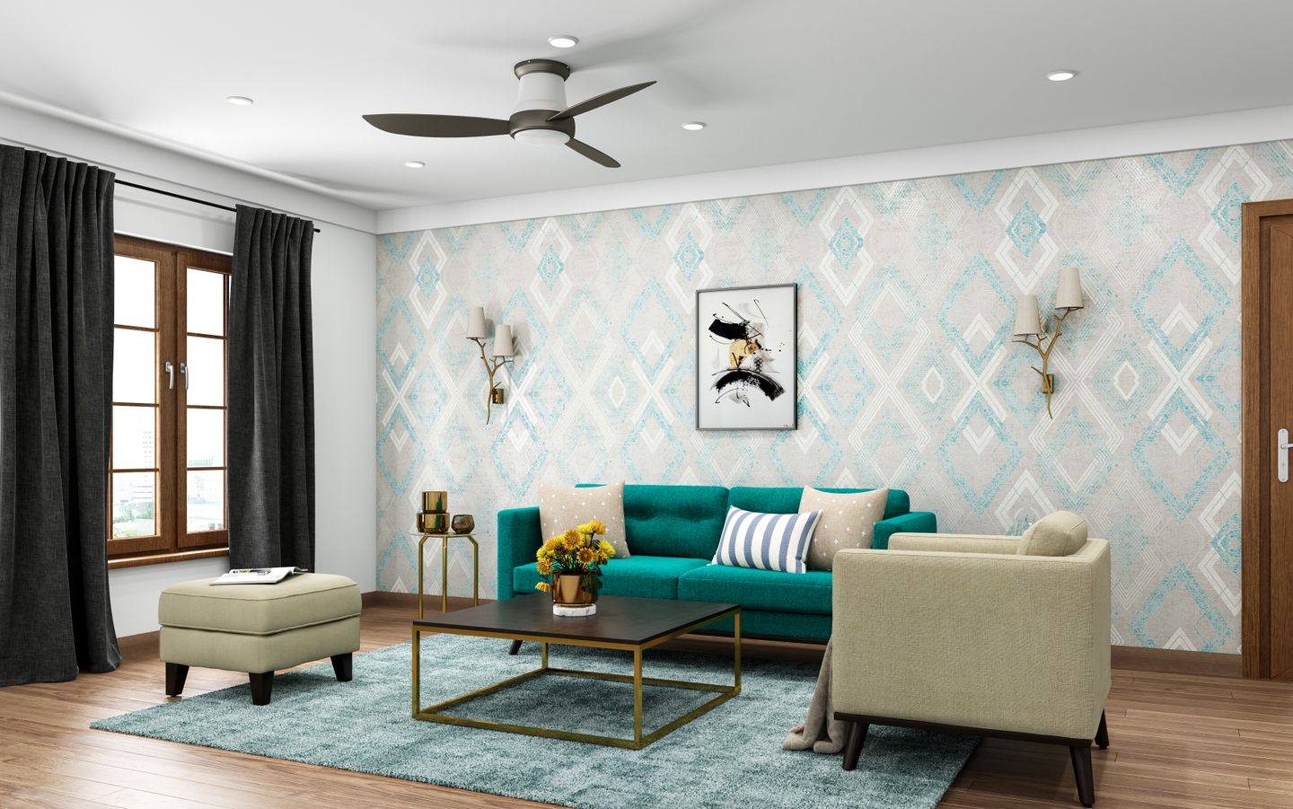 Contemporary Living Room Design with Patterned Wallpaper | Livspace