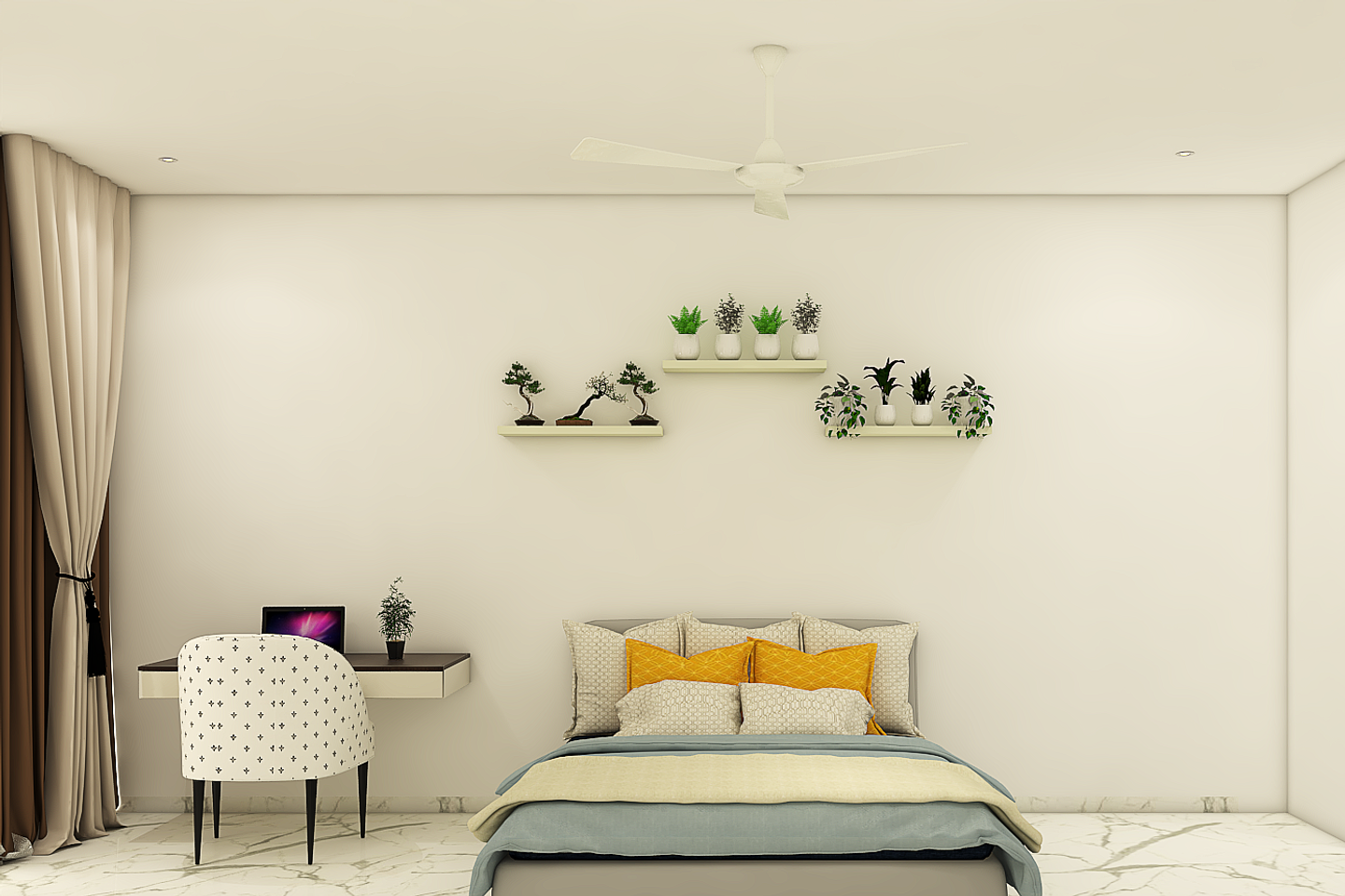 Modern Bedroom With Neutral Colours And Simple Grey Tufted Bed | Livspace