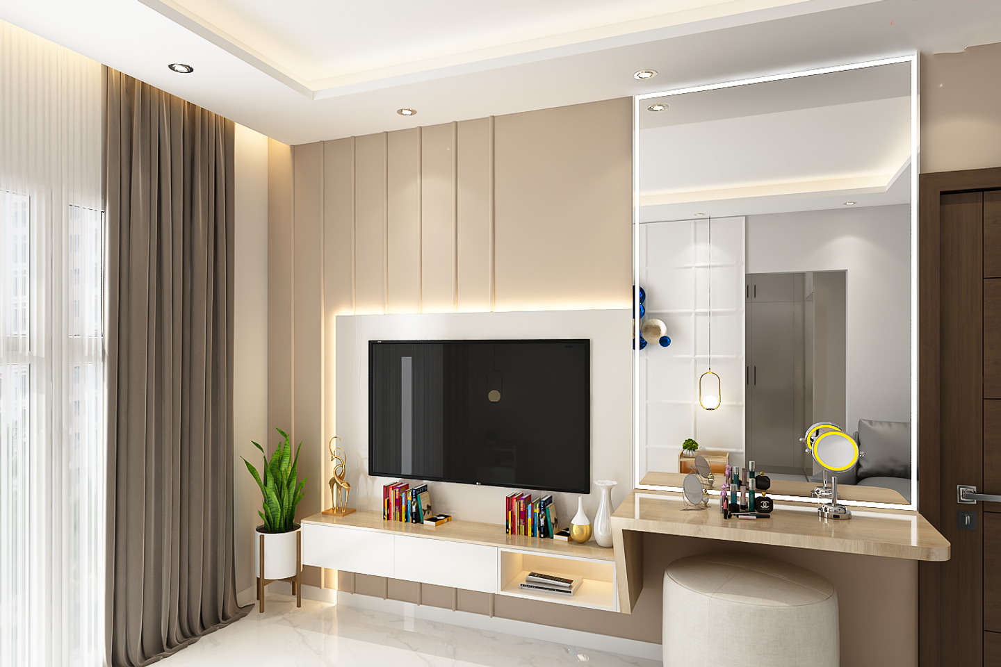 Spacious Grey Master Bedroom Design With TV And Dressing Unit | Livspace