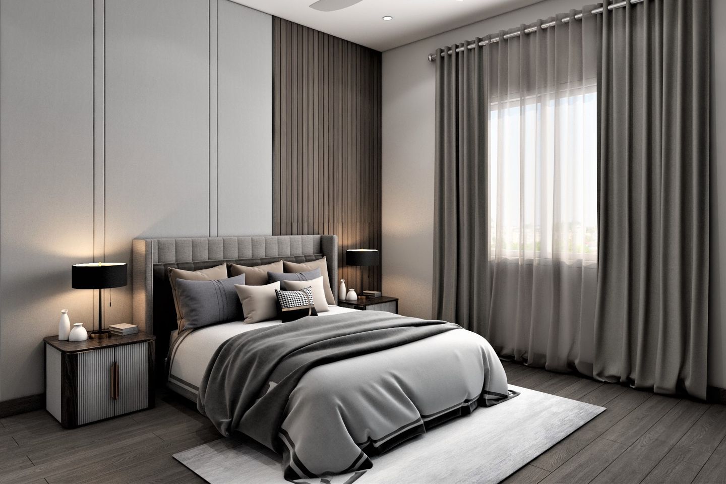 Grey Modern Master Bedroom Design With Wooden Panels | Livspace