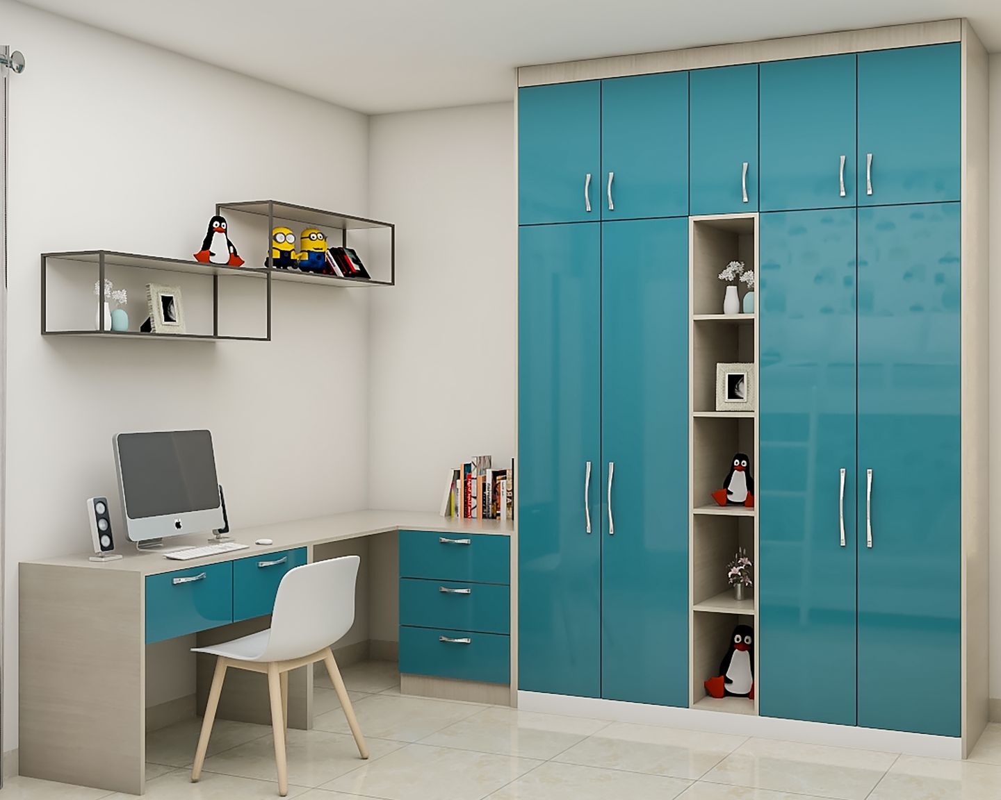 Blue And White Home Office Design With Wall Shelves | Livspace