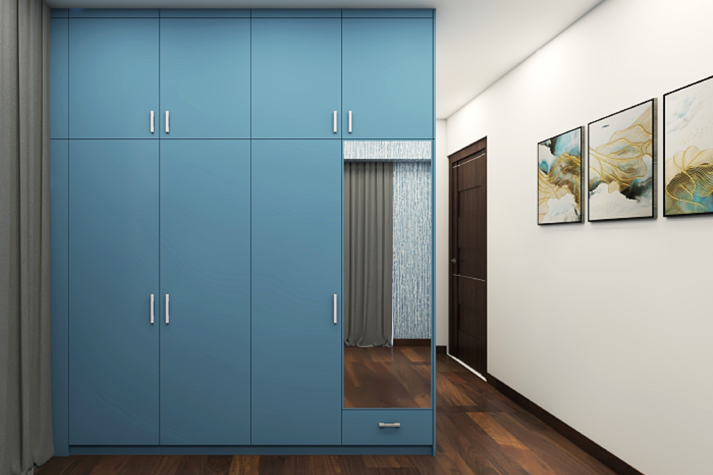 Blue Compact Wardrobe Design With Loft | Livspace