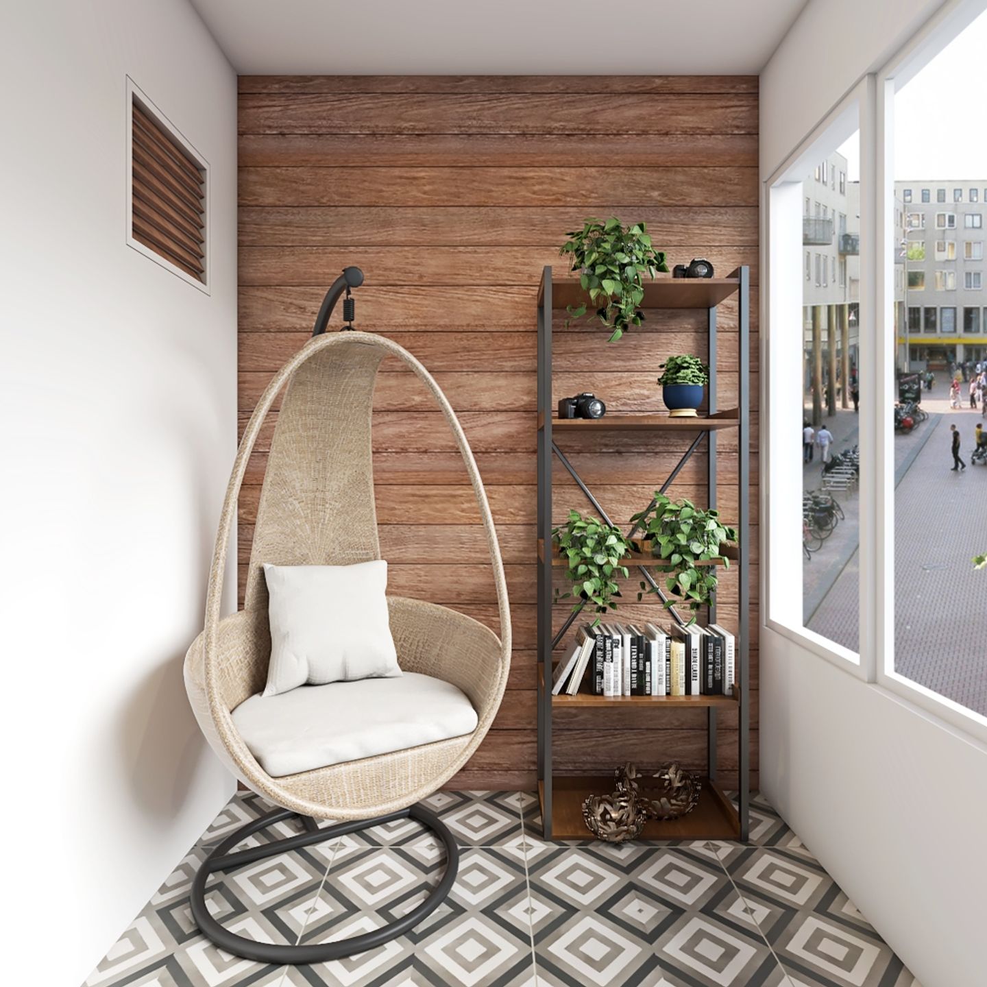 Spacious Balcony Design With Horizontal Wooden Wall Work And Geometric ...