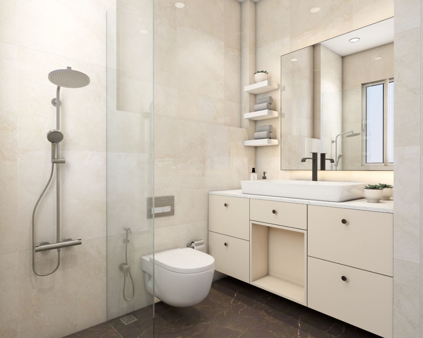 Compact Bathroom Design With Cream Tiles - 7X5 Ft | Livspace