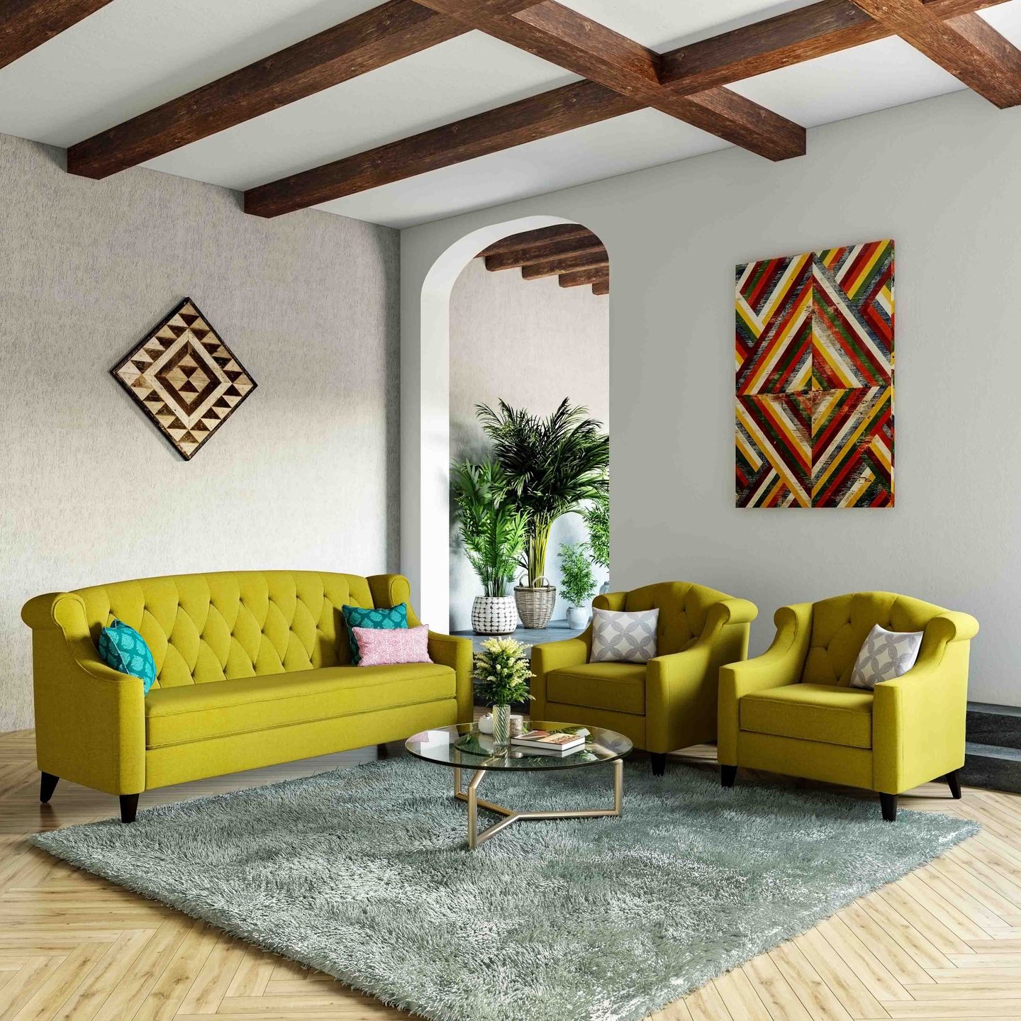 Rectangular Ceiling Design With Wooden Panels | Livspace