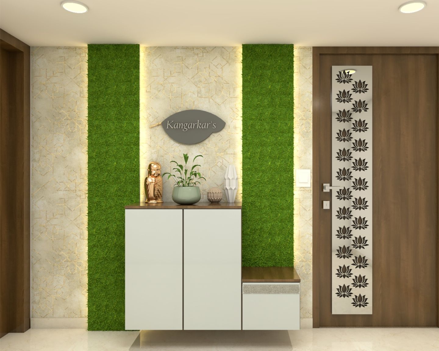 Compact Foyer Design With Green Grass Wall Panels | Livspace