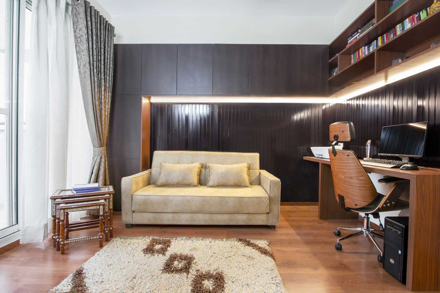 Spacious Dark Brown Home Office Design With Beige Seater - 10X10 Ft ...