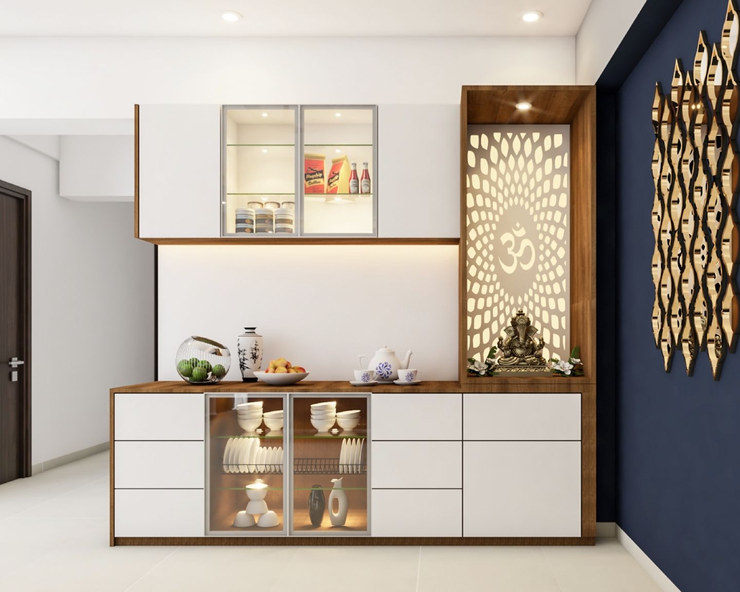 Floor-Mounted Pooja Room Design With LED Lighting | Livspace