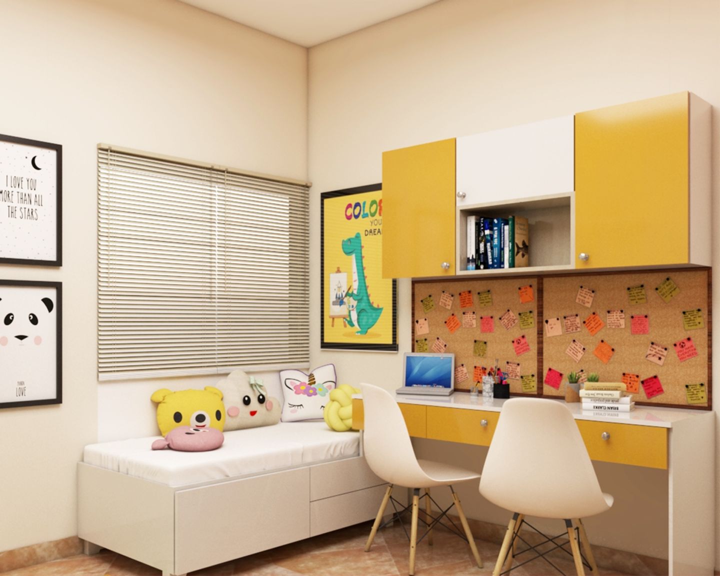 Spacious Yellow And Frosty White Study Room Design | Livspace