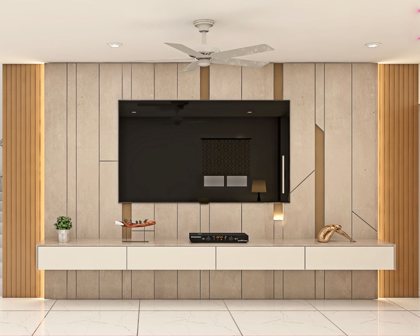 White TV Unit With A Wooden Back Panel | Livspace