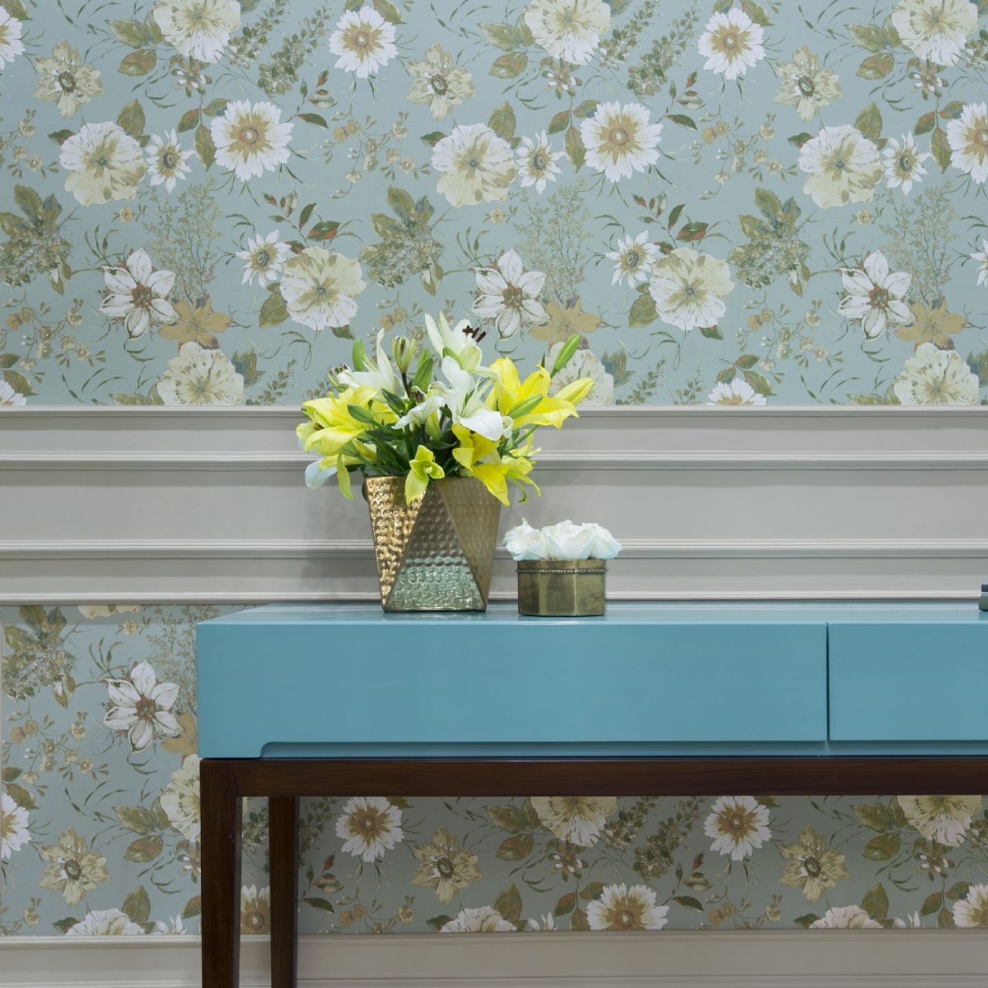 Blue, Green, And White Floral Wallpaper Design | Livspace