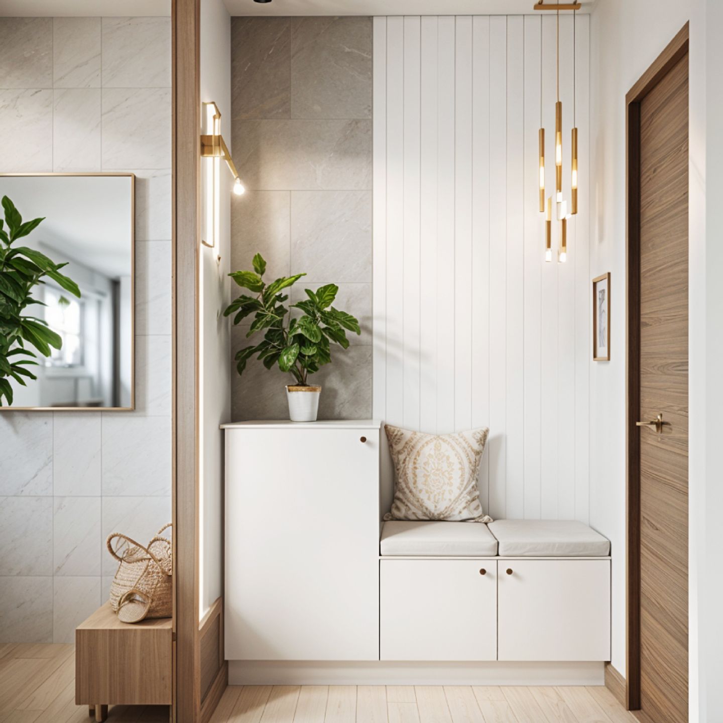 Modern Foyer Design: Shoe Storage & Wooden Countertop Display | Livspace