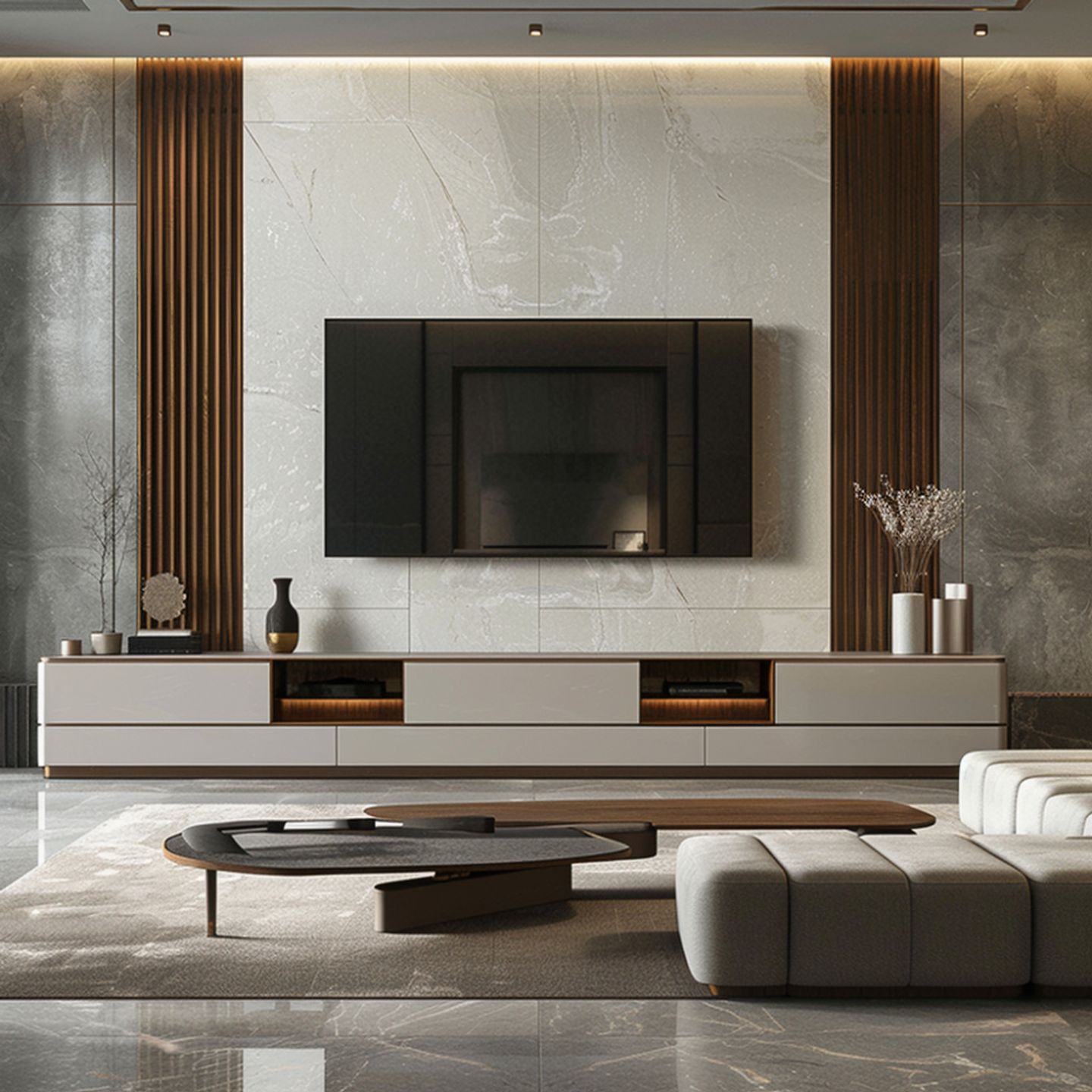 Modern TV Unit Design: Wooden Fluted Panels & Marble Back Panel | Livspace