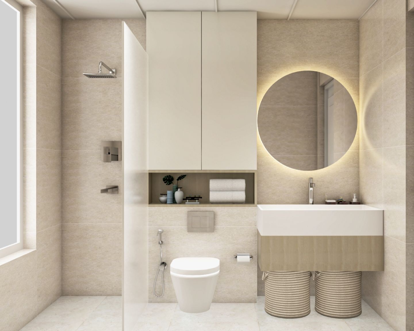 Cream Toned Bathroom Design With Vanity Unit And Round Mirror | Livspace