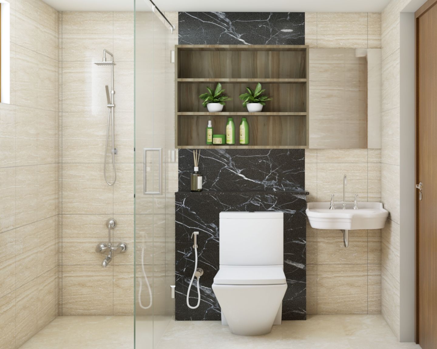 Small Bathroom Design With Beige And Black Interiors | Livspace