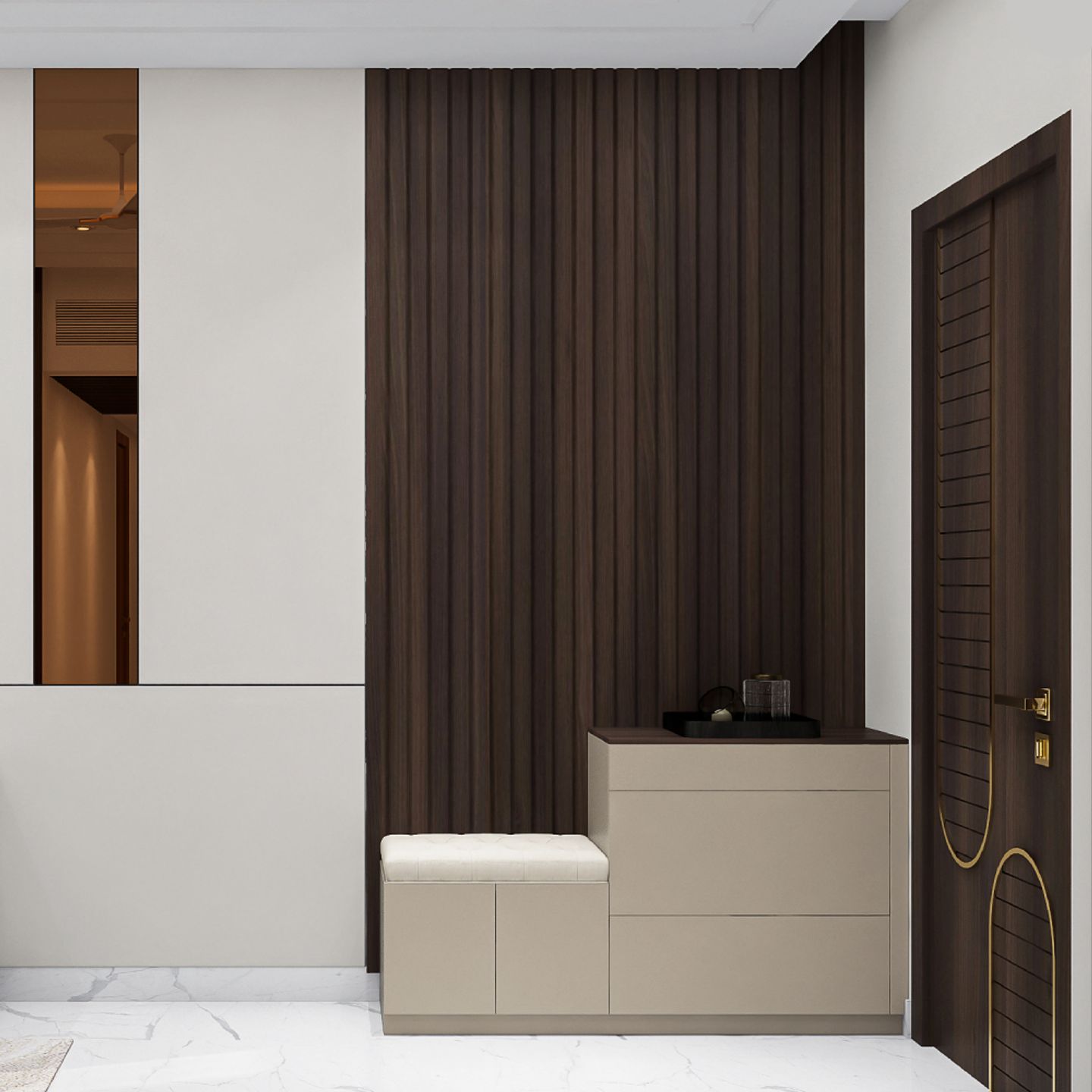 Irish Cream And Brown Foyer Design With Wooden Panelling | Livspace