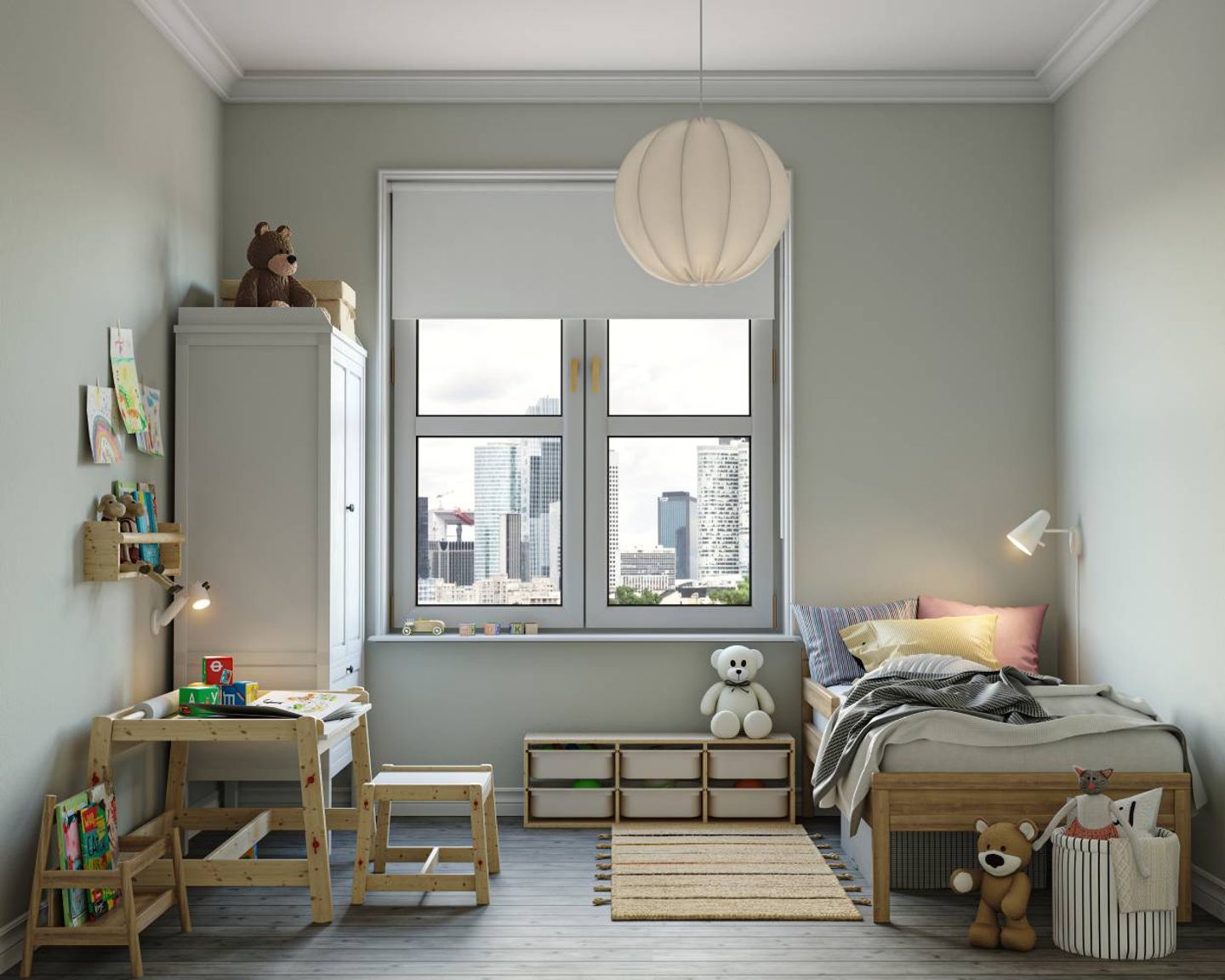 Compact Grey Kids Room Design With White 2-Door Swing Wardrobe Design ...