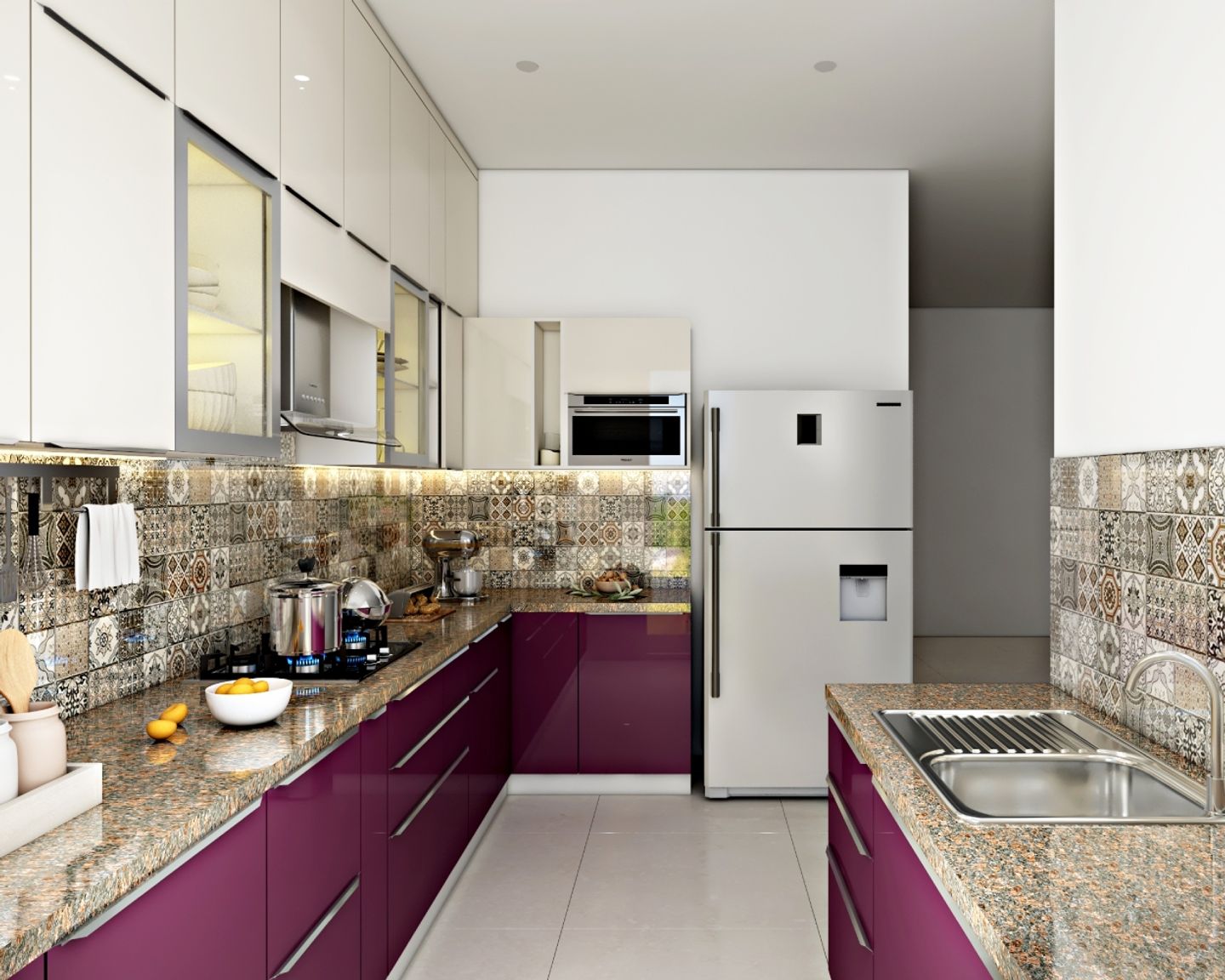 Contemporary L-Shape Kitchen Design with Black Currant and Frosty White Cabinets | Livspace