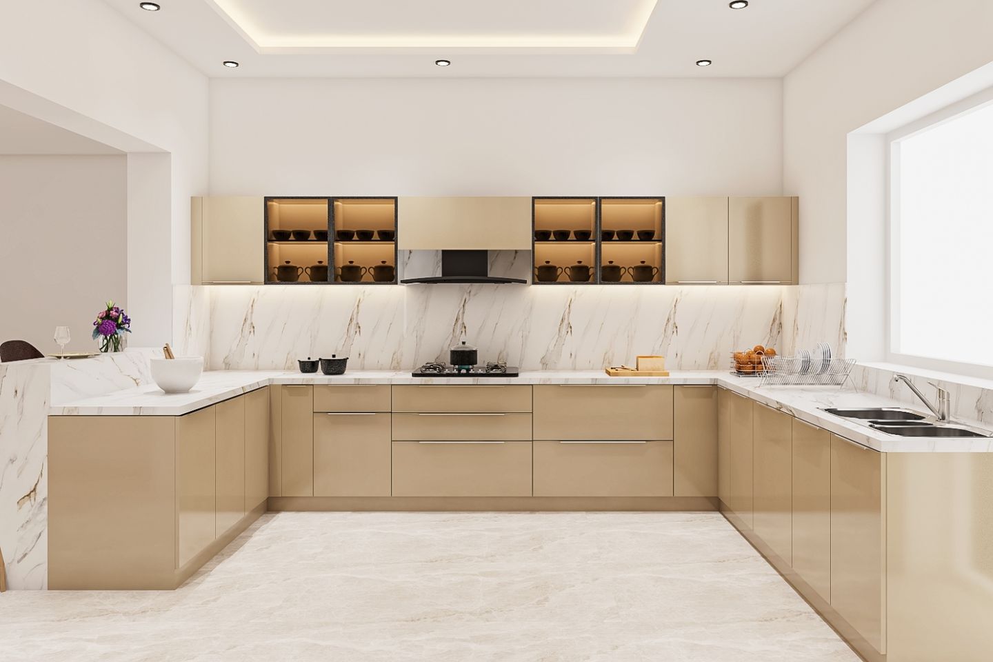 Cappuccino Dream: Contemporary U-Shaped Kitchen Design With Cabinets ...
