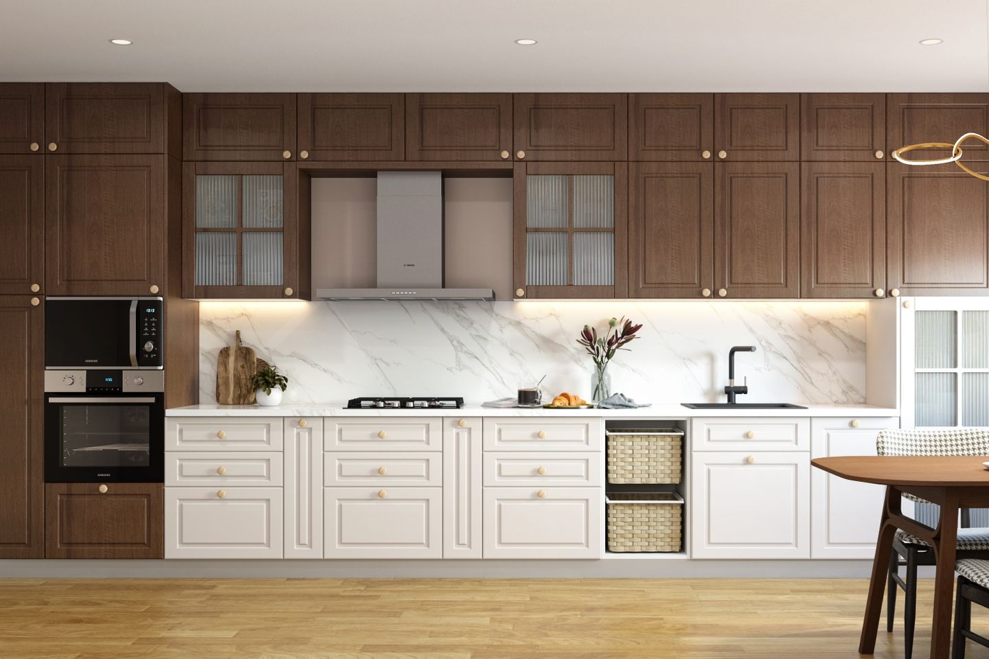 Open Modular Brown And White Kitchen Design With White Countertop ...